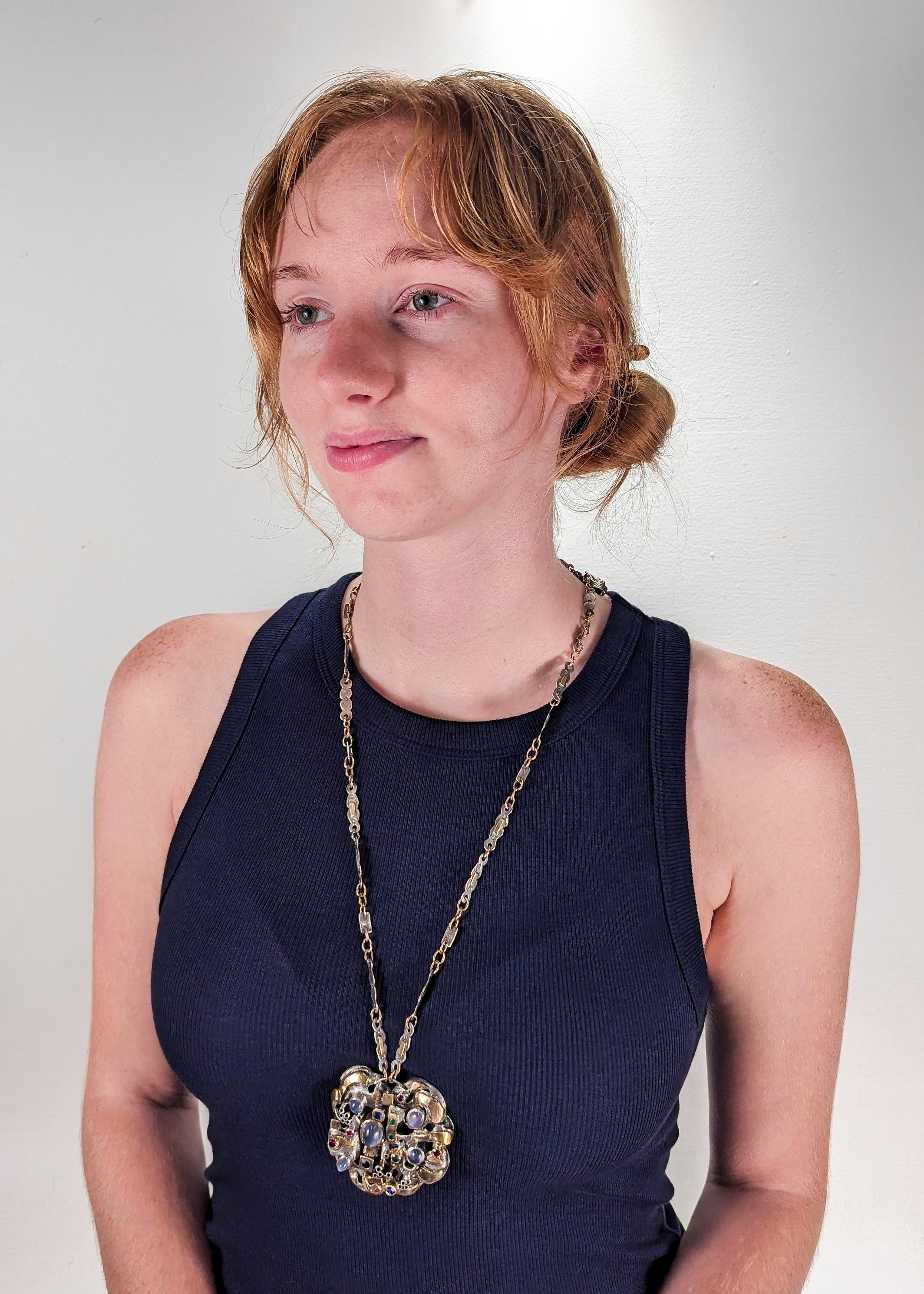 Signed 1960's Modernist Gold, Silver, and Multi-Gemstone Necklace by ...