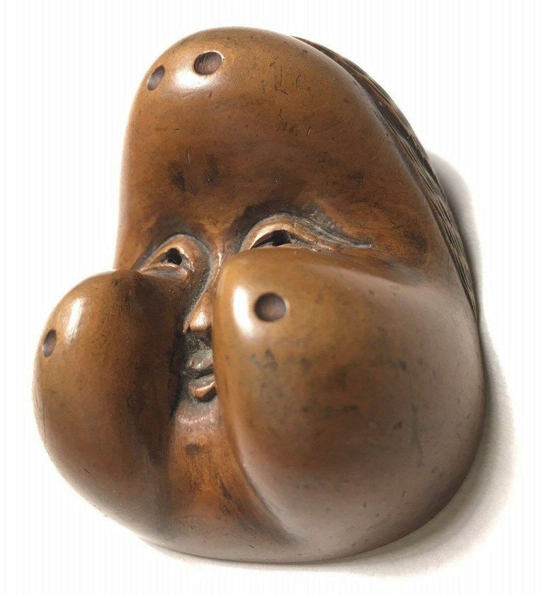 Signed; 19th C., Wooden Japanese Otafuku/Okame Netsuke Mask 'Mennetsuke ...