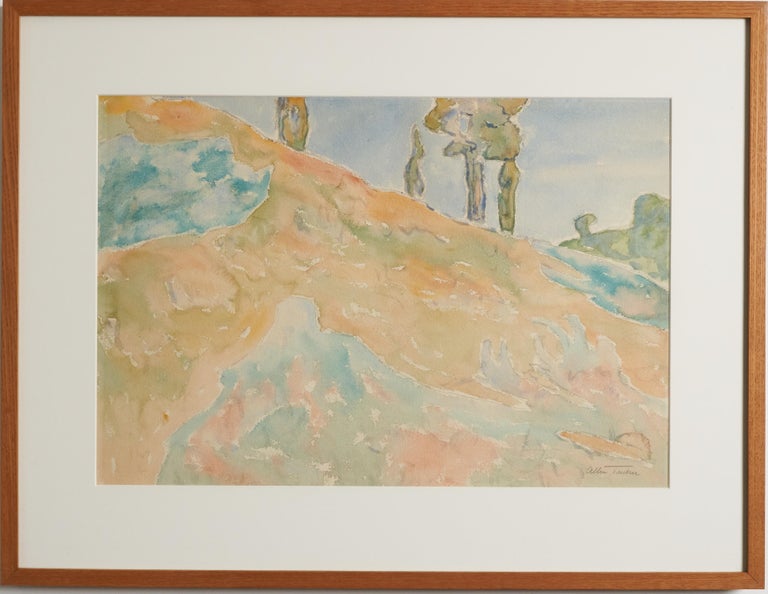Signed Allen Tucker, 'Sunny Hillside with Trees at Crest'. Watercolor ...
