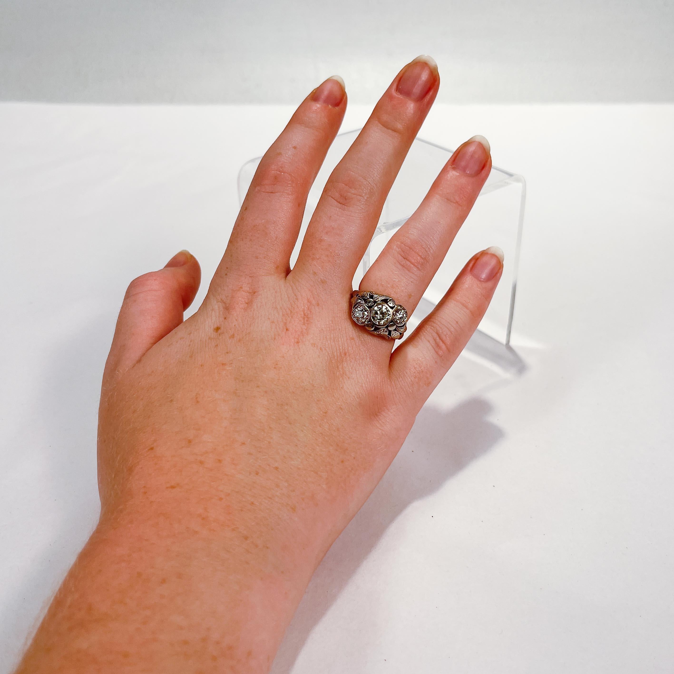 Signed Antique Art Deco 14K Gold and Diamond Three Stone Cocktail Ring ...