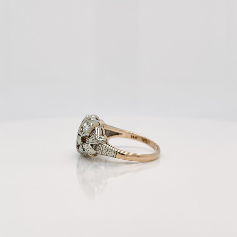 Signed Antique Art Deco 14K Gold and Diamond Three Stone Cocktail Ring For Sale at 1stDibs
