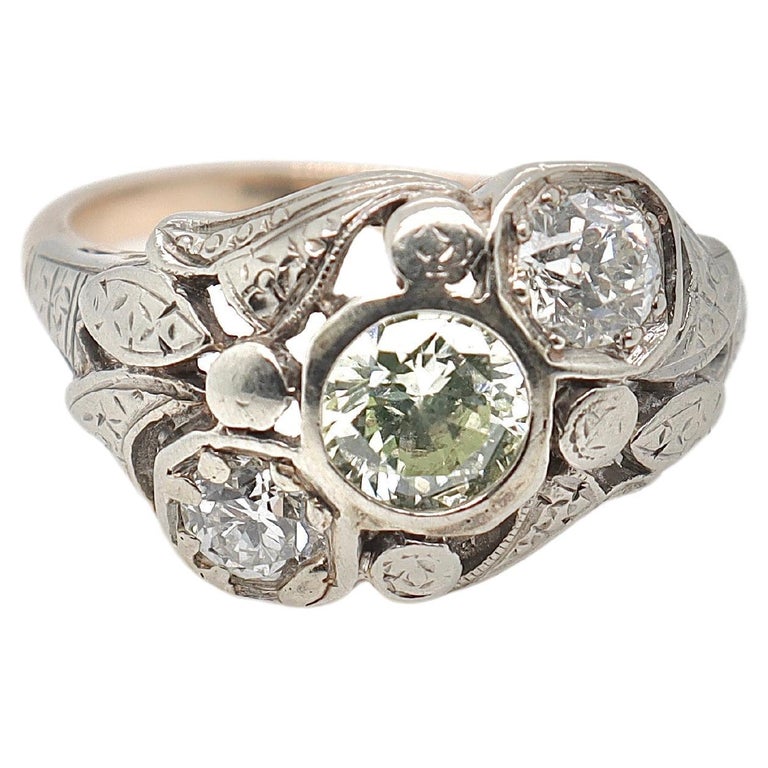 Signed Antique Art Deco 14K Gold and Diamond Three Stone Cocktail Ring ...