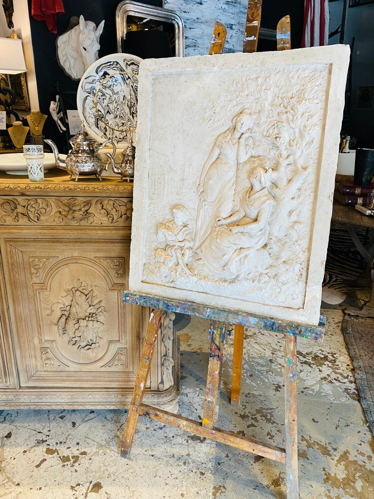Signed Antique French Plaster Relief with Garden Scene and Three ...
