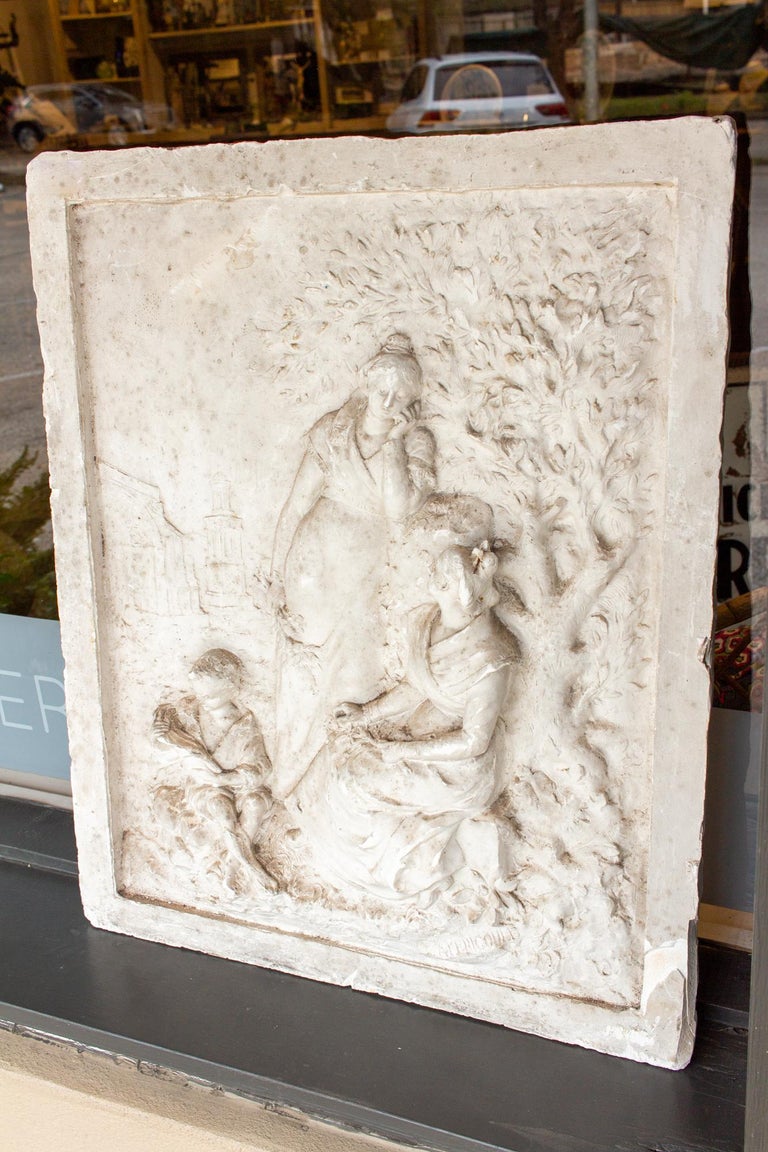 Signed Antique French Plaster Relief with Garden Scene and Three ...