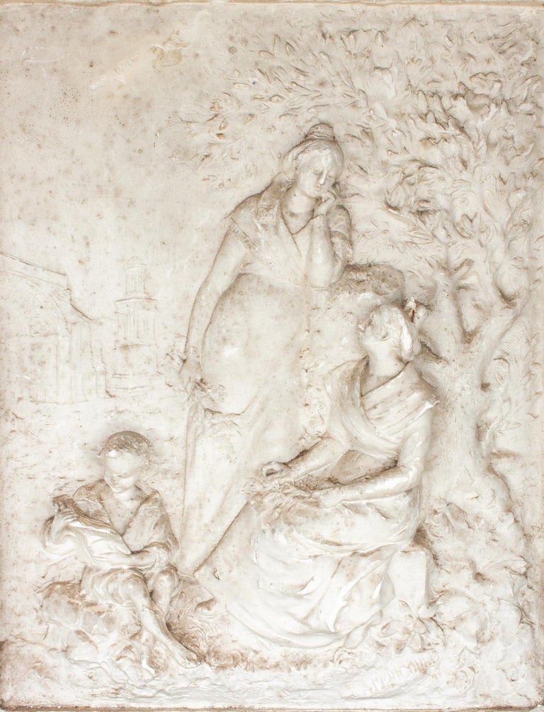 Signed Antique French Plaster Relief with Garden Scene and Three ...