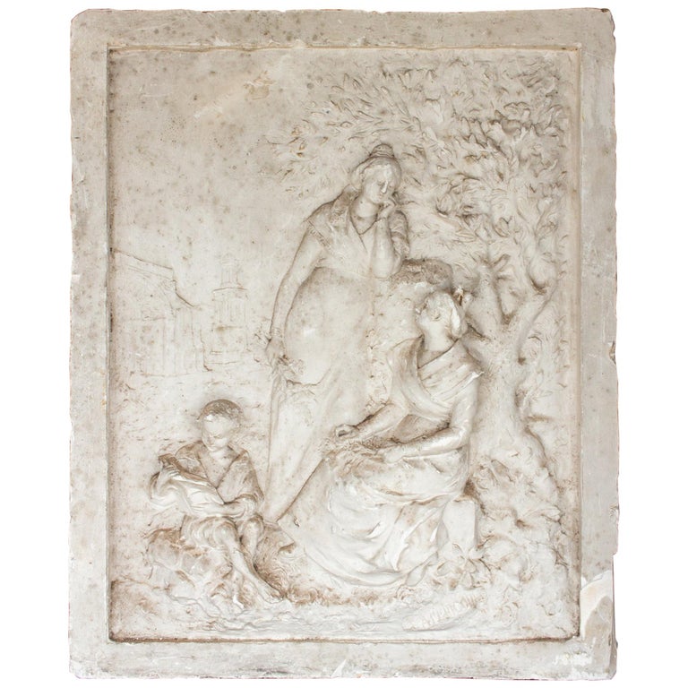 Signed Antique French Plaster Relief with Garden Scene and Three ...
