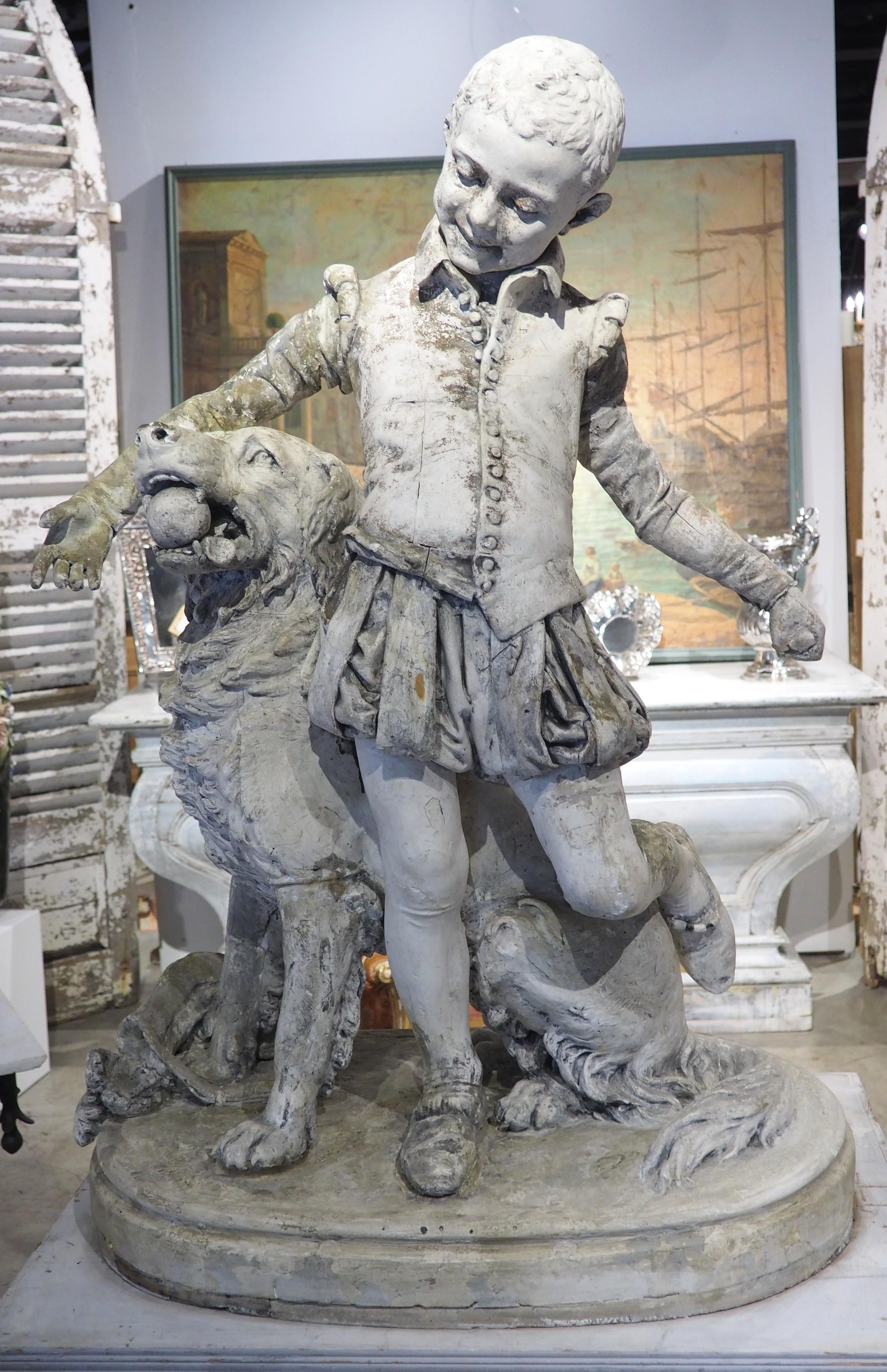 Signed Antique French Plaster Sculpture, A Renaissance Boy and His Dog ...