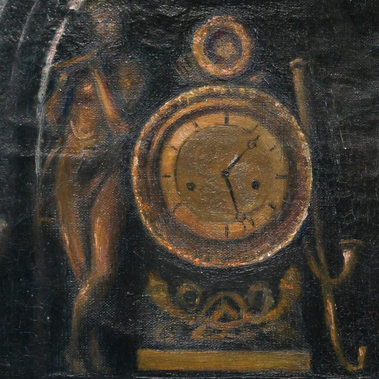 Signed Antique Oil on Canvas Still Life Painting of Clock and Flowers ...