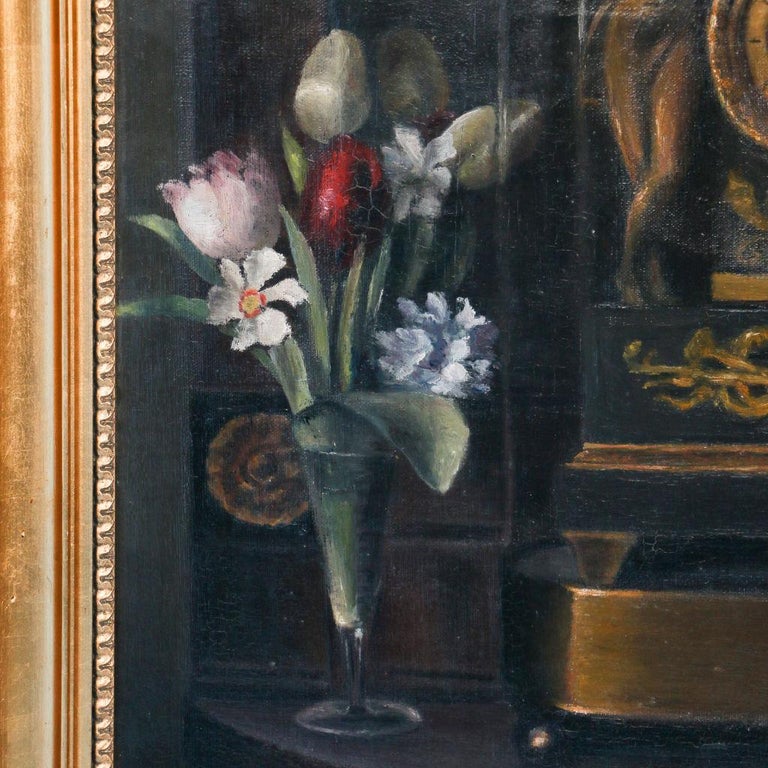 Signed Antique Oil on Canvas Still Life Painting of Clock and Flowers ...