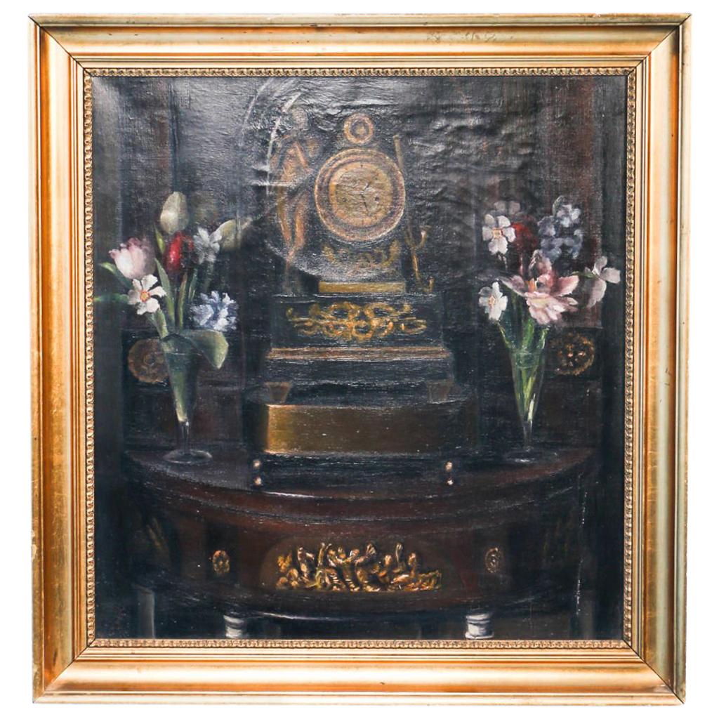 Signed Antique Oil on Canvas Still Life Painting of Clock and Flowers ...