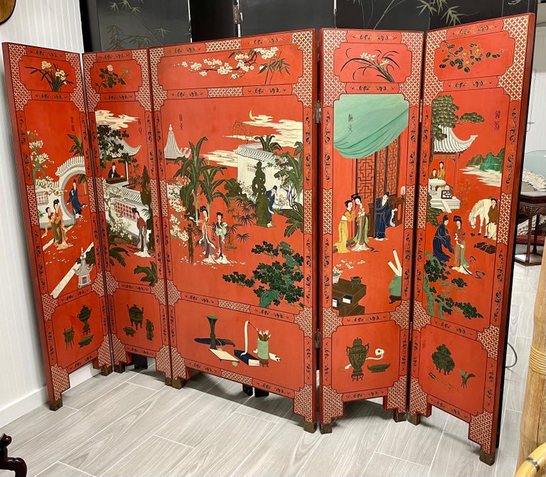 Signed Asian Chinoiserie Coromandel Red Five Panel Screen Room Divider ...