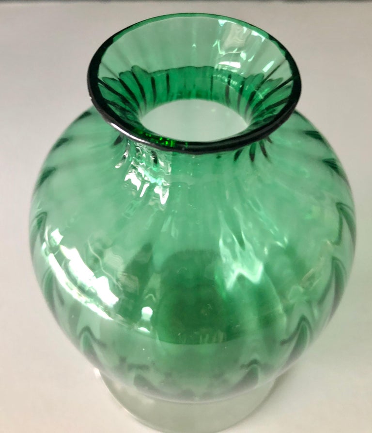 Signed Baccarat Emerald Green Crystal with Clear Stem Ribbed Baluster ...