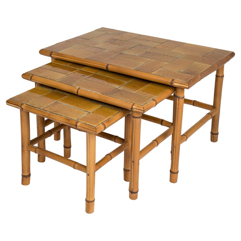 Signed Bamboo Stacking Tables with Ceramic Tiled Tops by Bergon, France ...