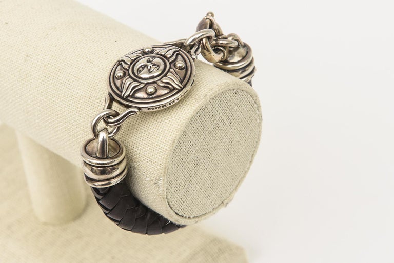 Signed Barry Kieselstein Cord Sterling Silver, Black Leather Sun Motiff ...