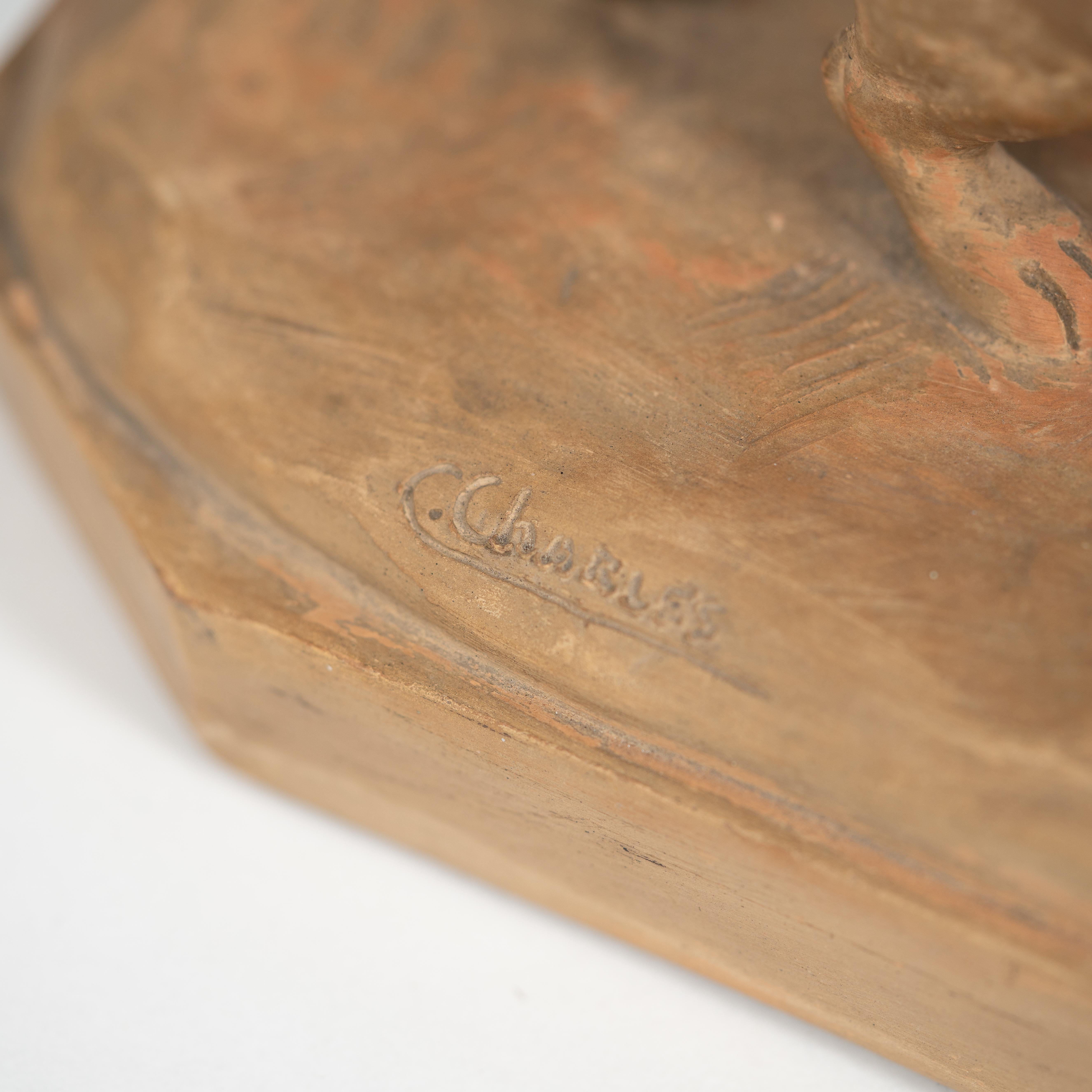 Signed C. Charles Terracotta Sculpture of Reclining Female Figure with ...