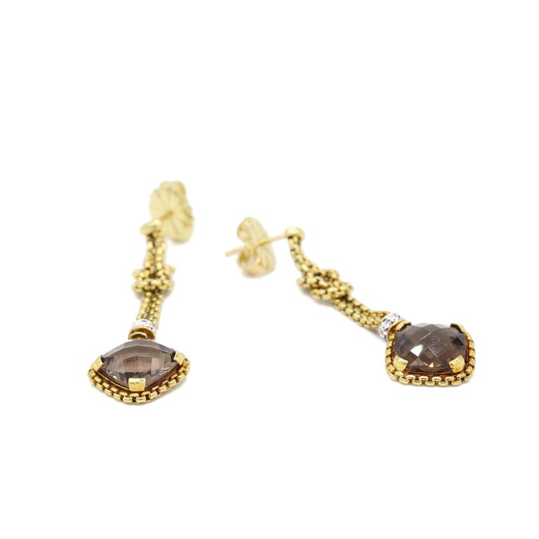 Signed David Yurman Yellow Gold Ladies Smoky Quartz and Diamond Dangle ...