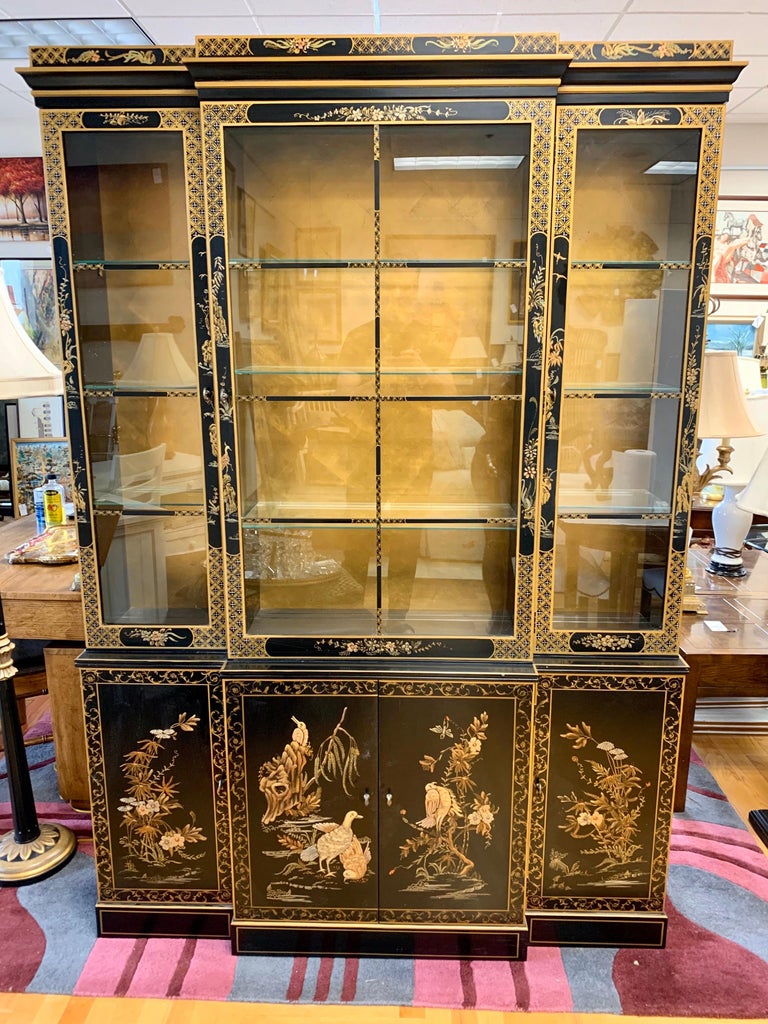 Signed Drexel Chinoiserie Breakfront China Cabinet Japanned Black ...