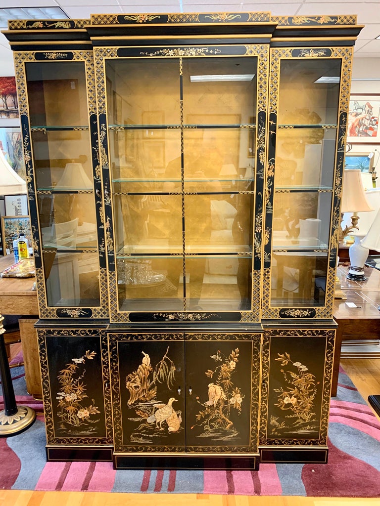 Signed Drexel Chinoiserie Breakfront China Cabinet Japanned Black ...