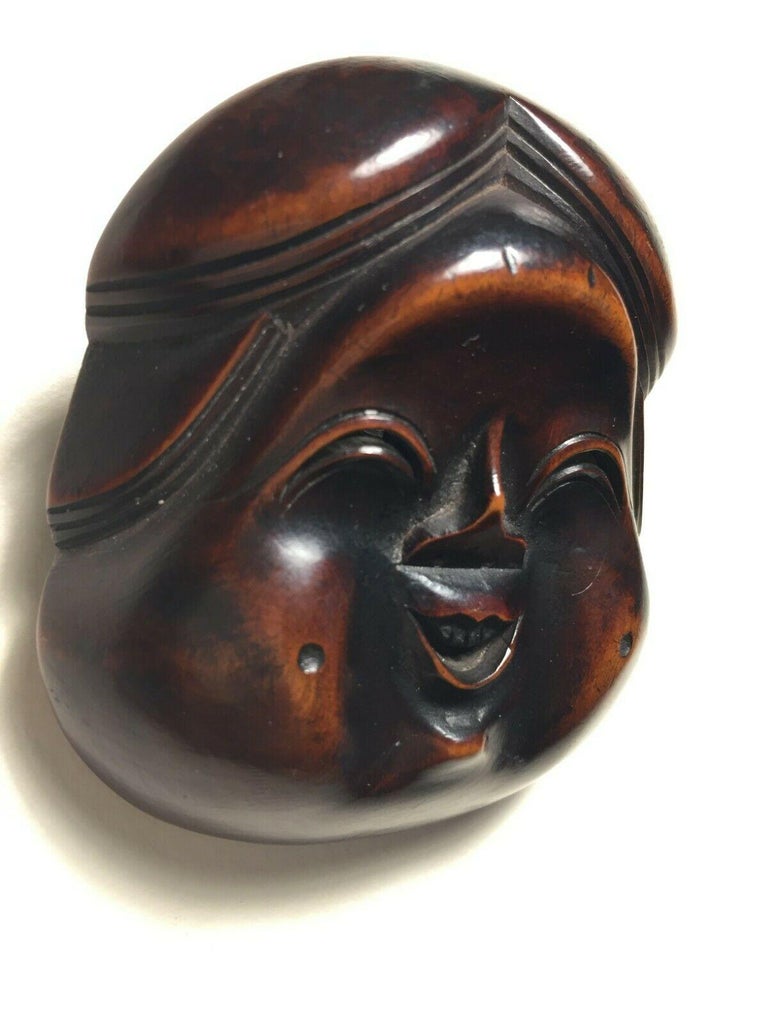 Signed, Fine, Wooden Japanese Otafuku/Okame Netsuke Mask 'Mennetsuke ...