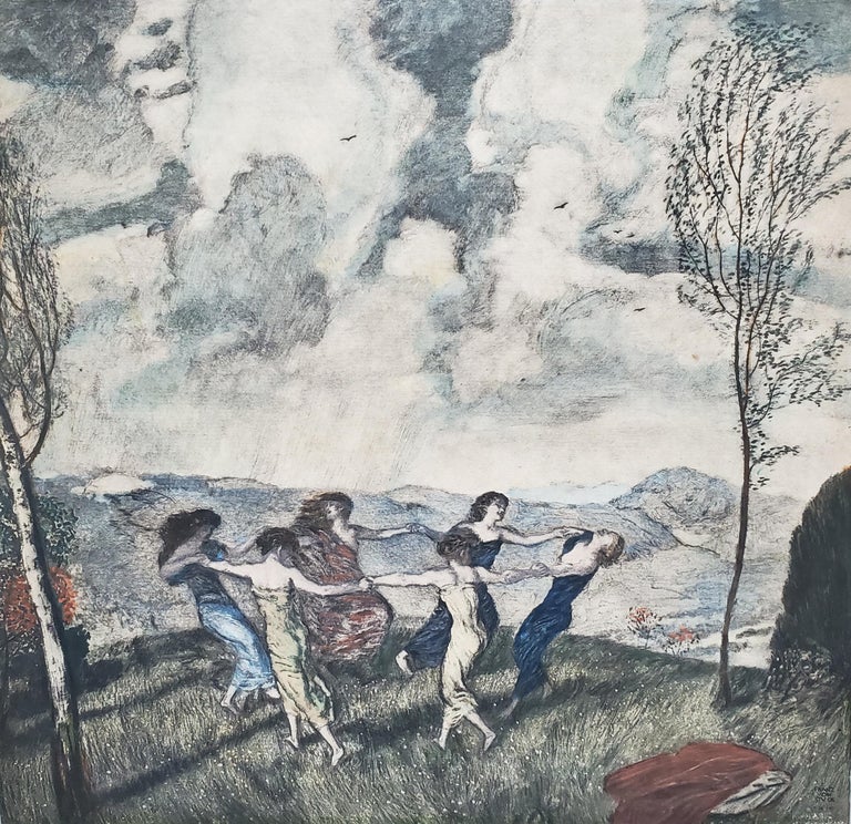 Signed Franz von Stuck Chromolithograph of Six Maidens Dancing in a ...