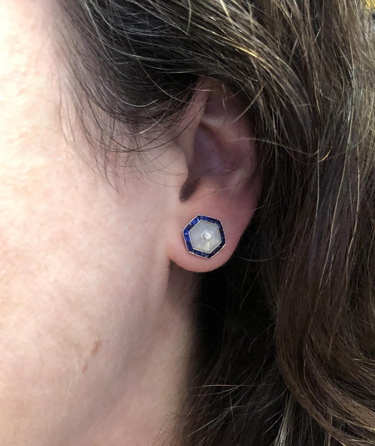 Fred Leighton Blue Chalcedony and Sapphire Halo Hexagonal Stud Earrings For Sale at 1stDibs