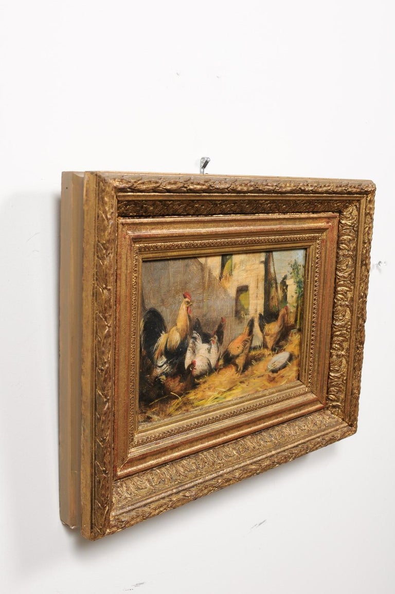 Signed Gérald Leroux 1900s Oil on Panel Painting Depicting Hens and ...