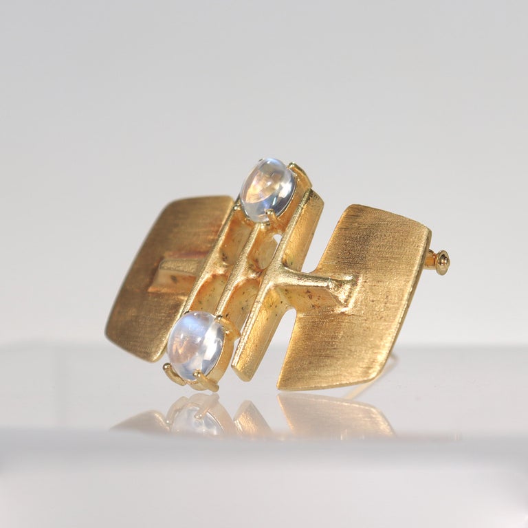Signed German Modernist 14K Gold and Moonstone Brooch For Sale at 1stDibs