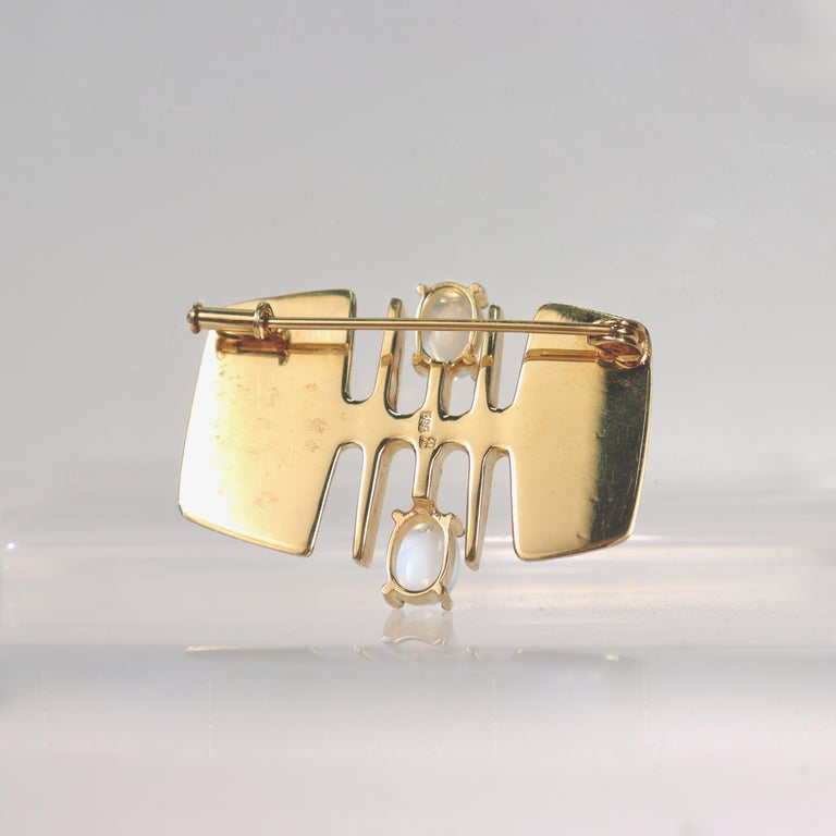 Signed German Modernist 14K Gold and Moonstone Brooch For Sale at 1stDibs