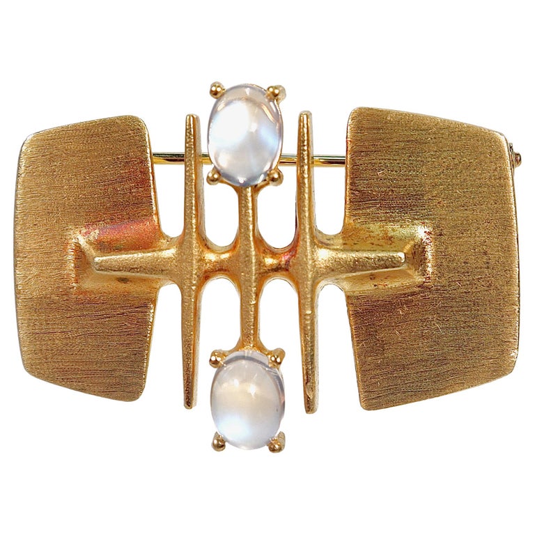 Signed German Modernist 14K Gold and Moonstone Brooch For Sale at 1stDibs