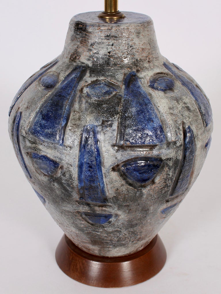 Signed Hand Painted Swiss Art Pottery Lamp in Blue and Gray For Sale at ...