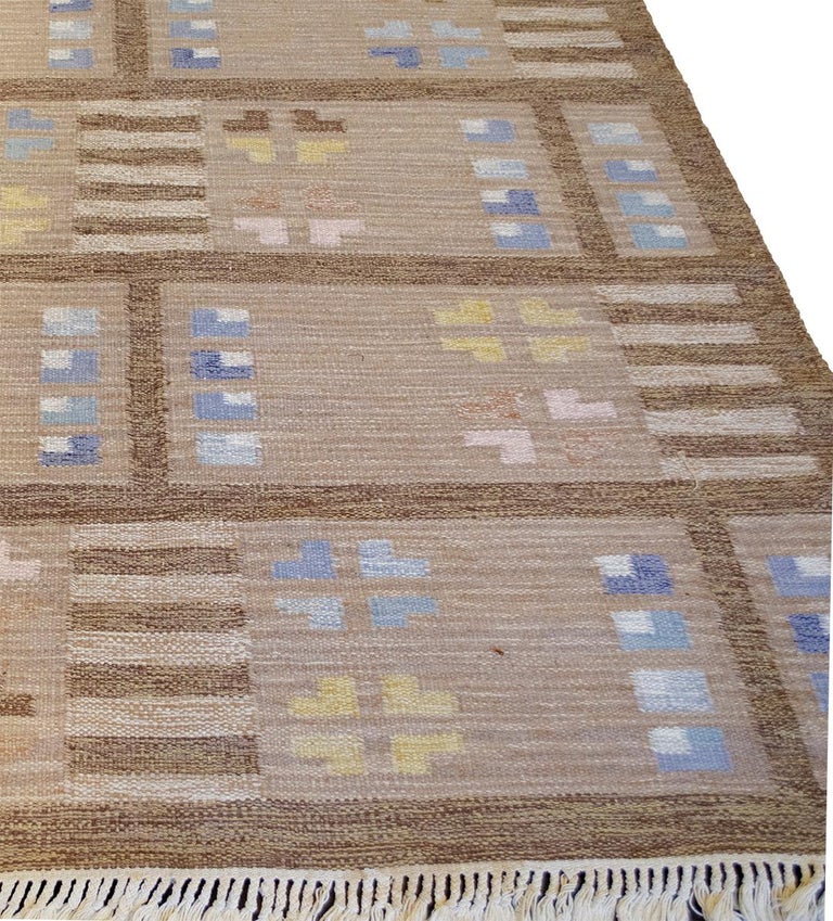 Signed Handwoven Vintage Midcentury Swedish Flat-Weave Rug For Sale at ...