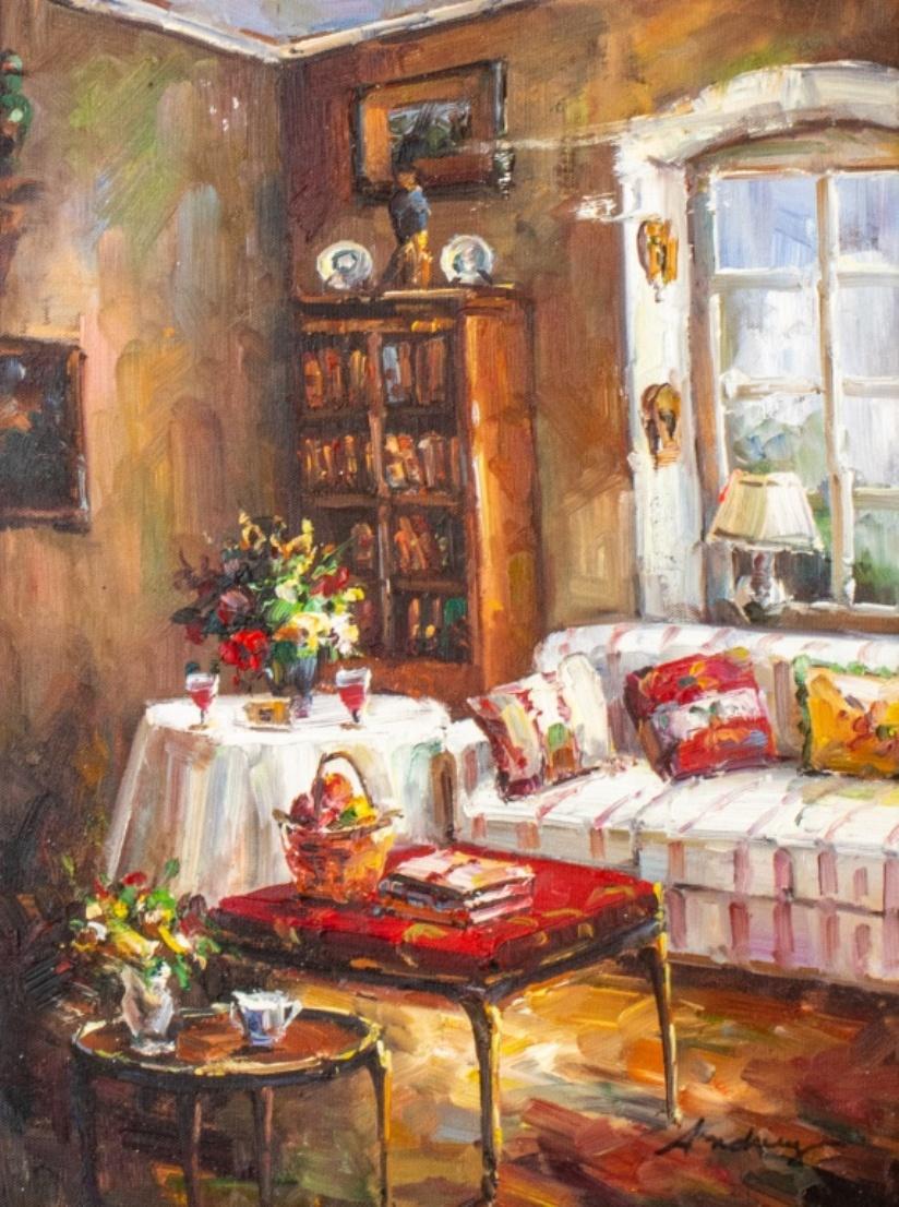 Signed Impressionistic Interior Scene Oil Canvas For Sale at 1stDibs