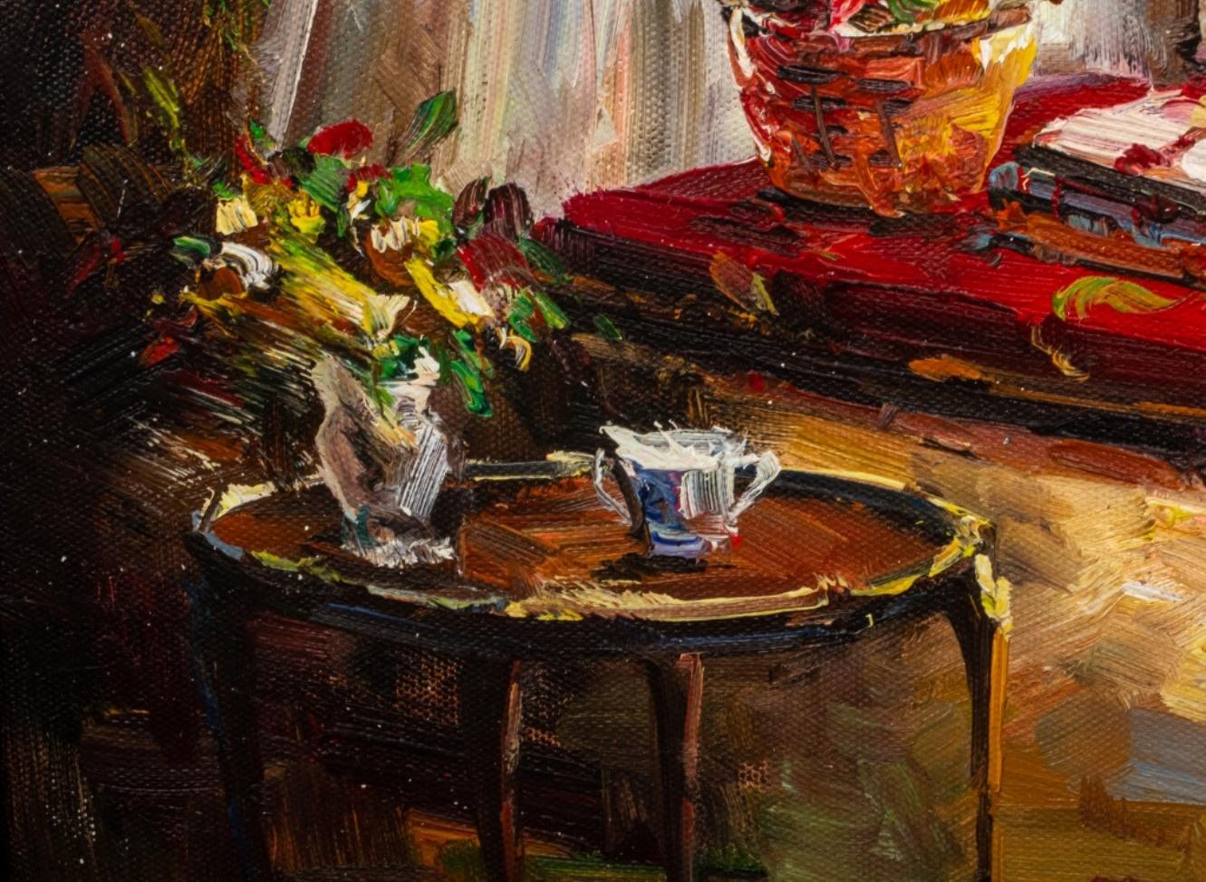 Signed Impressionistic Interior Scene Oil Canvas For Sale at 1stDibs
