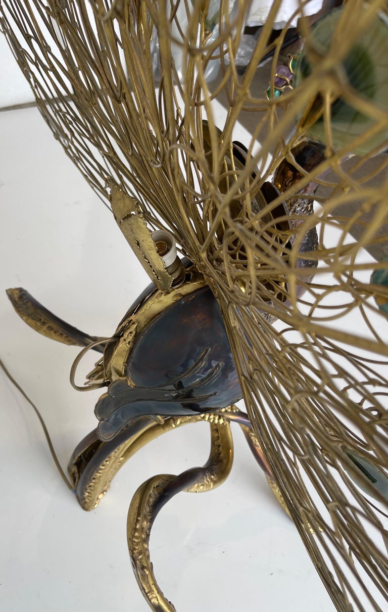 Signed Isabelle Faure Huge Agates and Brass Peacock Lamp For Sale at ...