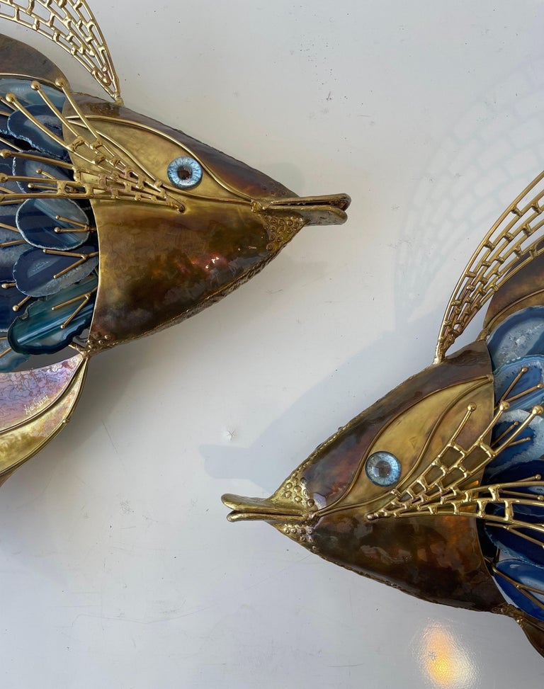 Signed Isabelle and Richard Faure Pair of Agate and Brass Fish Sconces ...