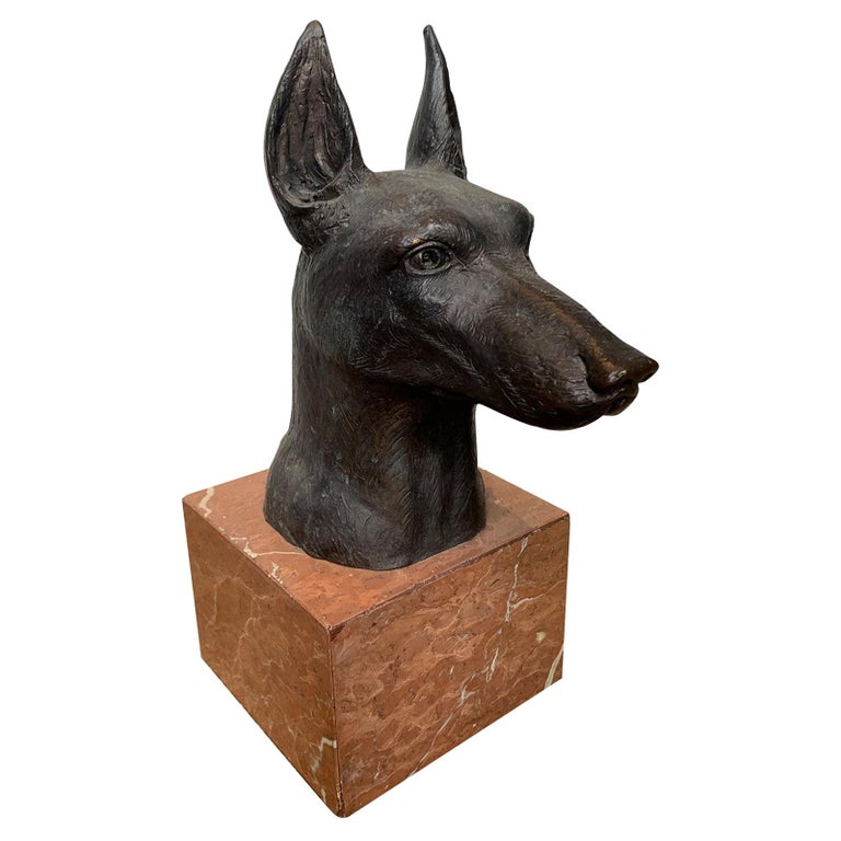 Signed J. Santiago Bronze Doberman Pinscher Head on Marble Base, 20th ...