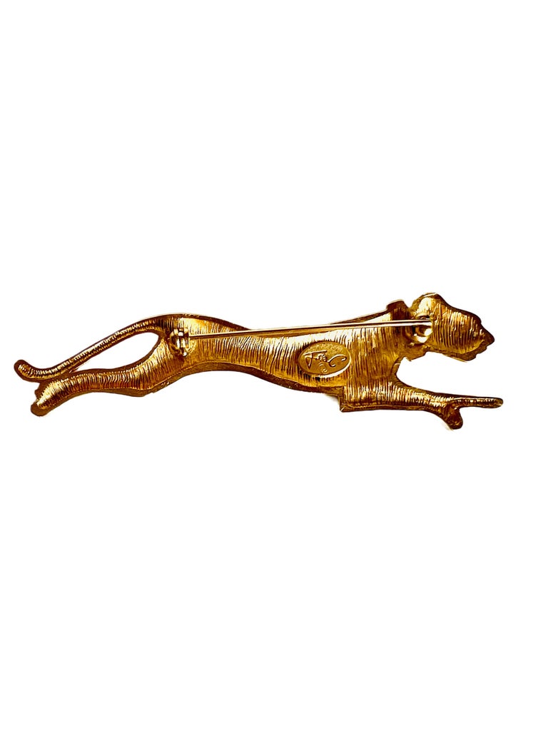 Signed Jackie Collins Gold Rhinestone Leaping Panther Exotic Cat Brooch ...