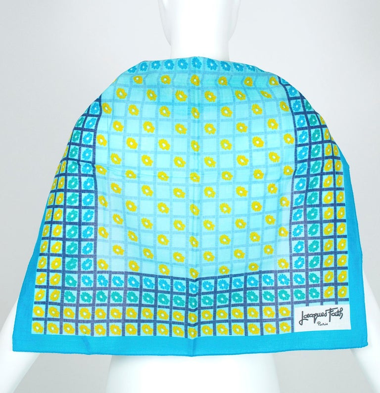 Signed Jacques Fath Turquoise and Yellow Daisy Check Cotton Scarf – 22 ...