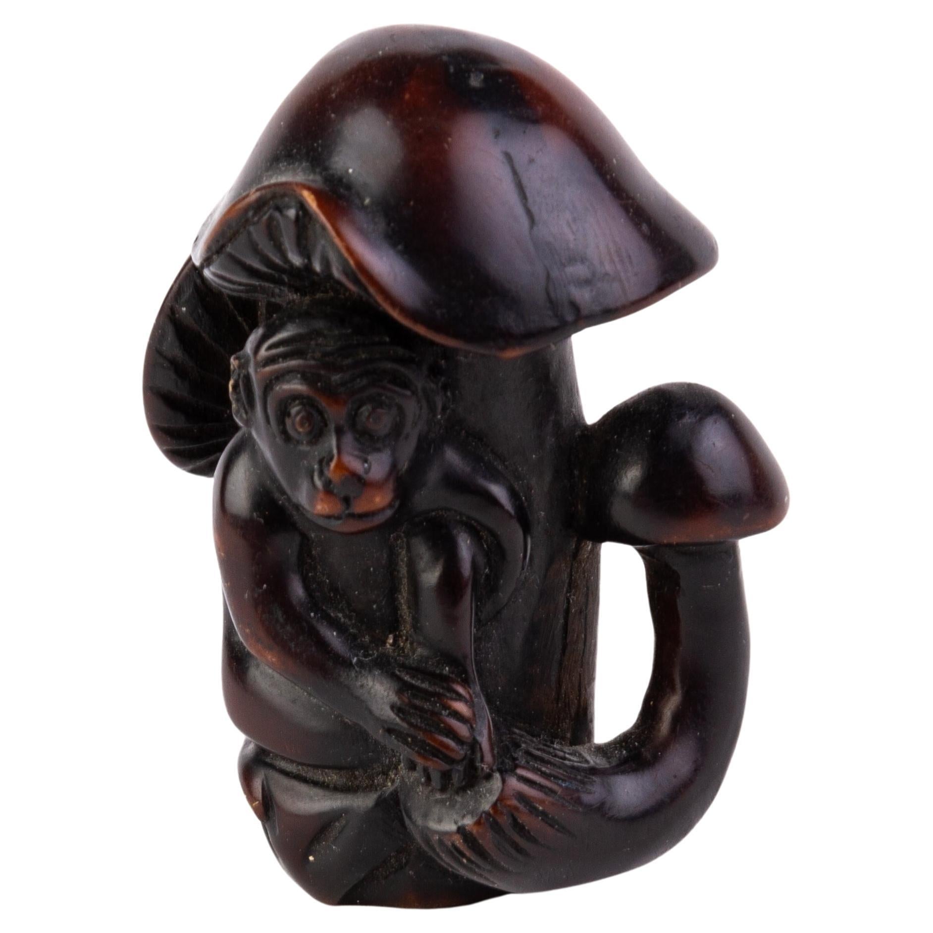 Signed Japanese Boxwood Netsuke of Monkey and Mushrooms For Sale at 1stDibs