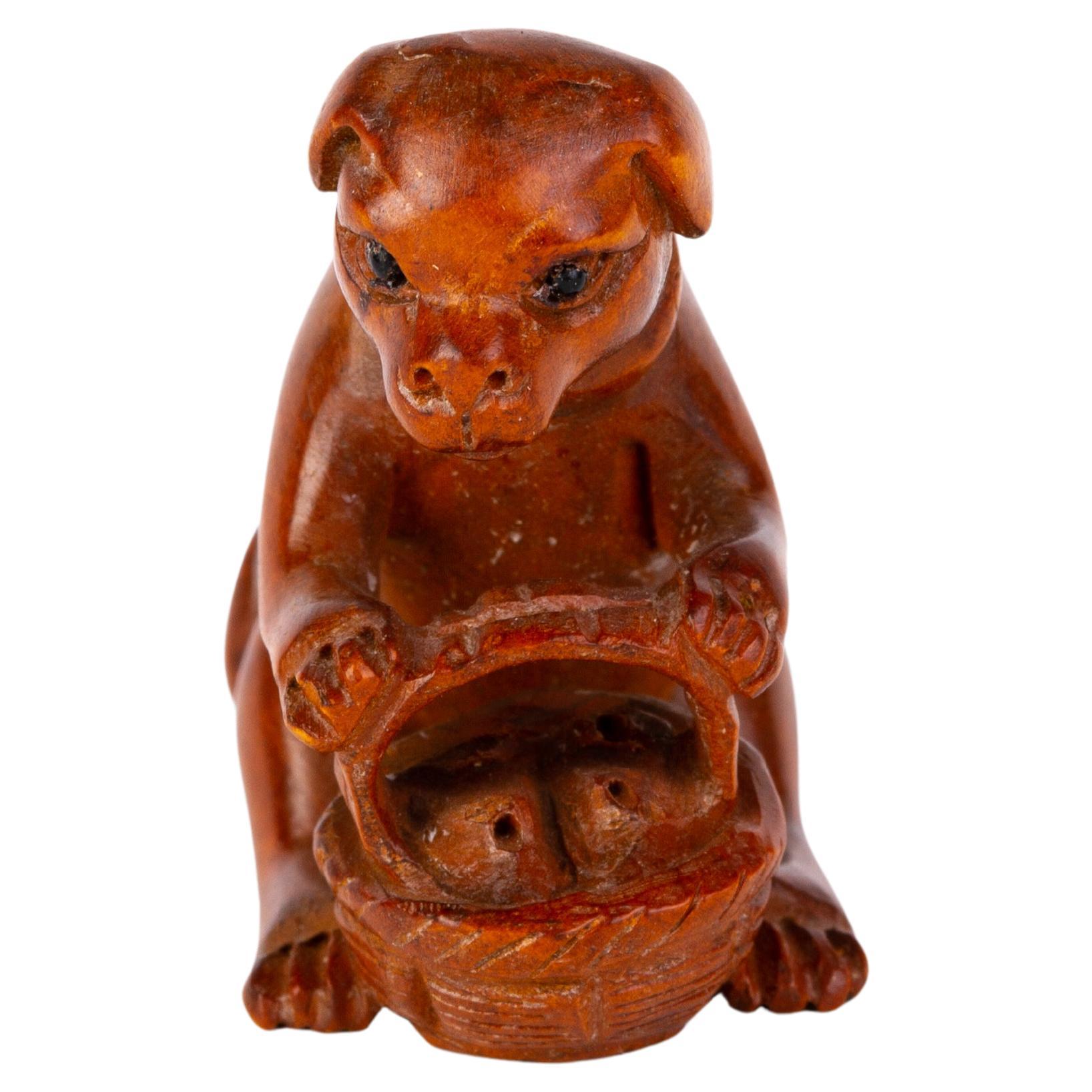 Signed Japanese Carved Boxwood Dog Netsuke Inro Ojime For Sale at 1stDibs