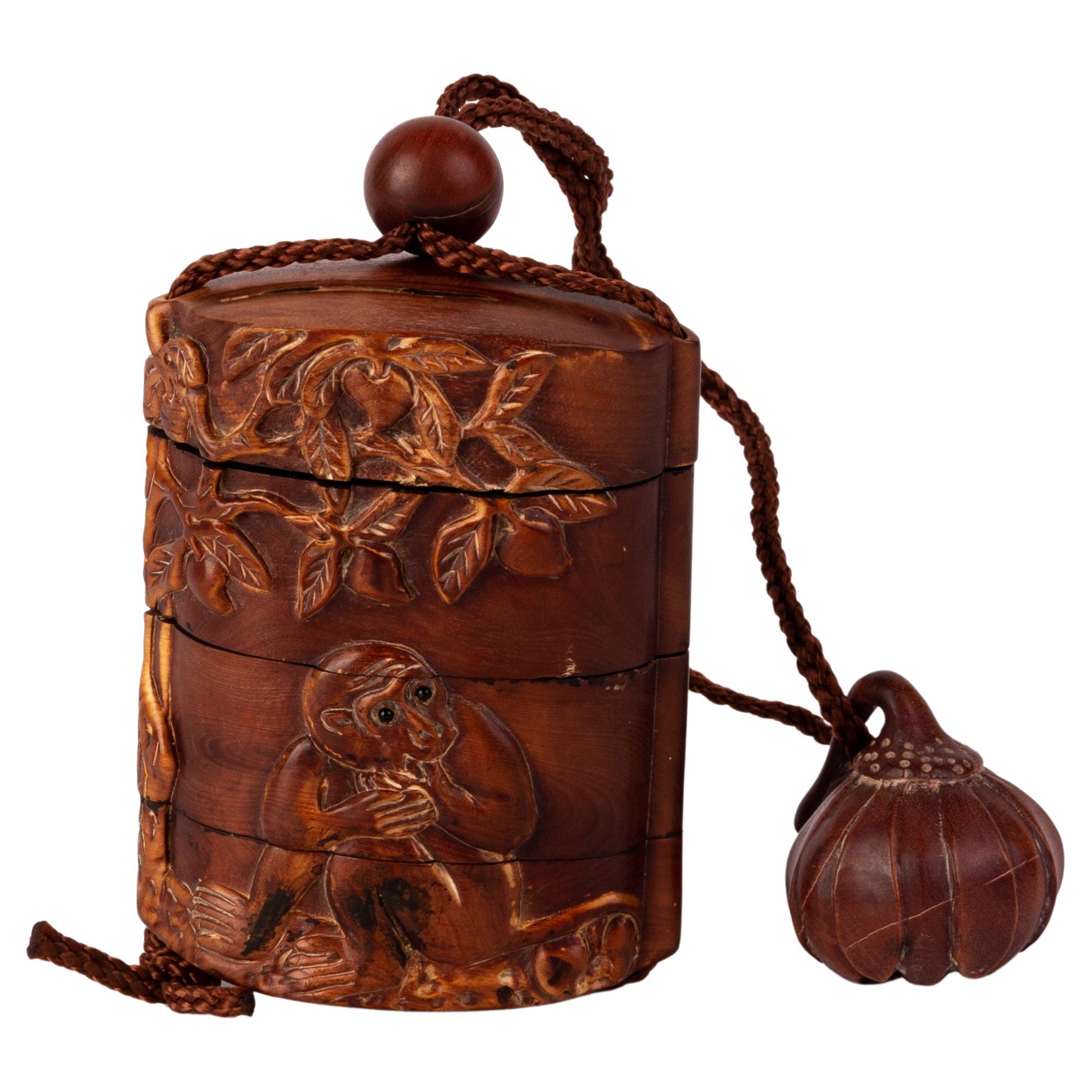 Signed Japanese Carved Boxwood Inro Ojime with Netsuke For Sale at 1stDibs