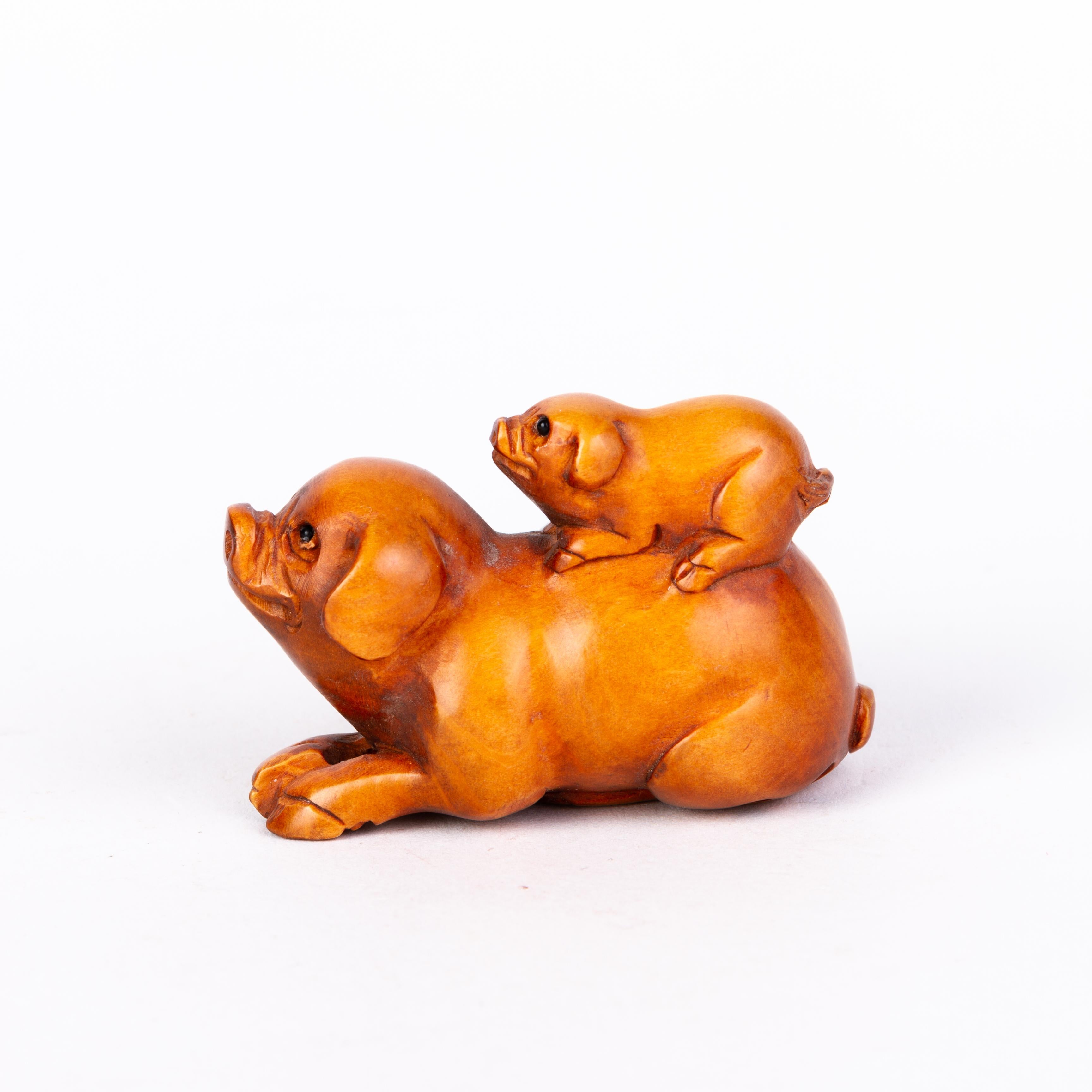 Signed Japanese Carved Boxwood Pigs Netsuke Inro Ojime For Sale at 1stDibs