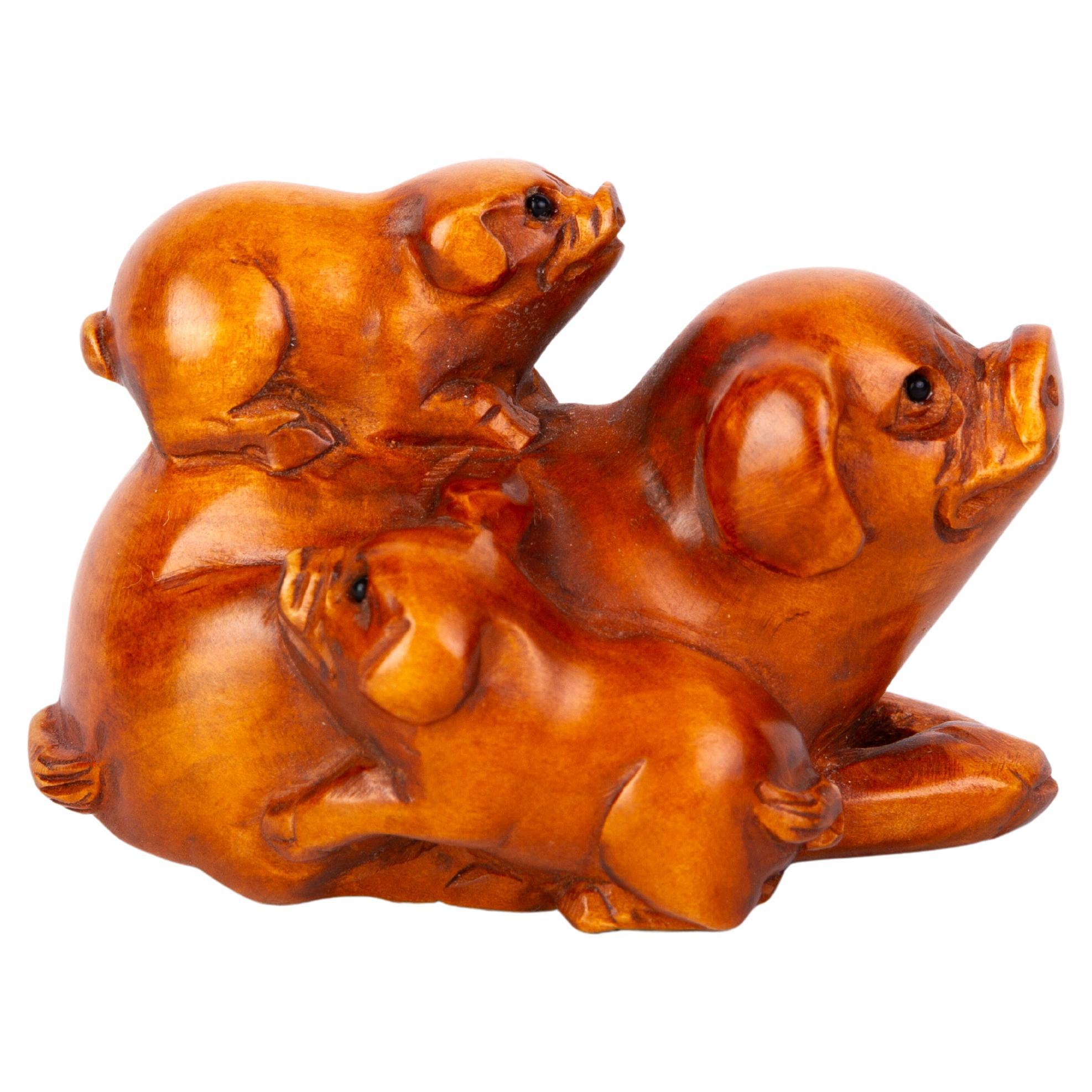Signed Japanese Carved Boxwood Pigs Netsuke Inro Ojime For Sale at 1stDibs