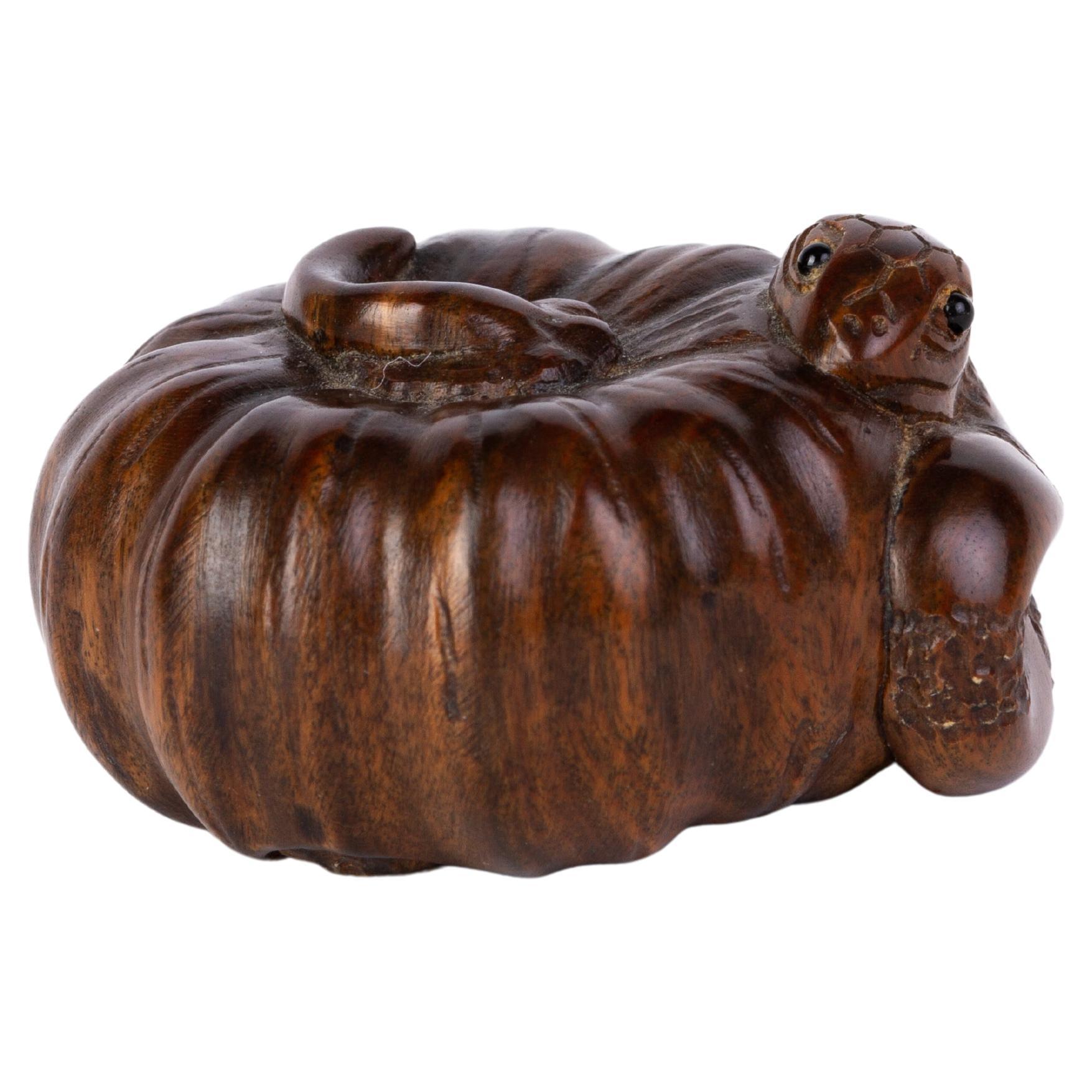Signed Japanese Carved Boxwood Snake Pumpkin Netsuke Inro Ojime For ...