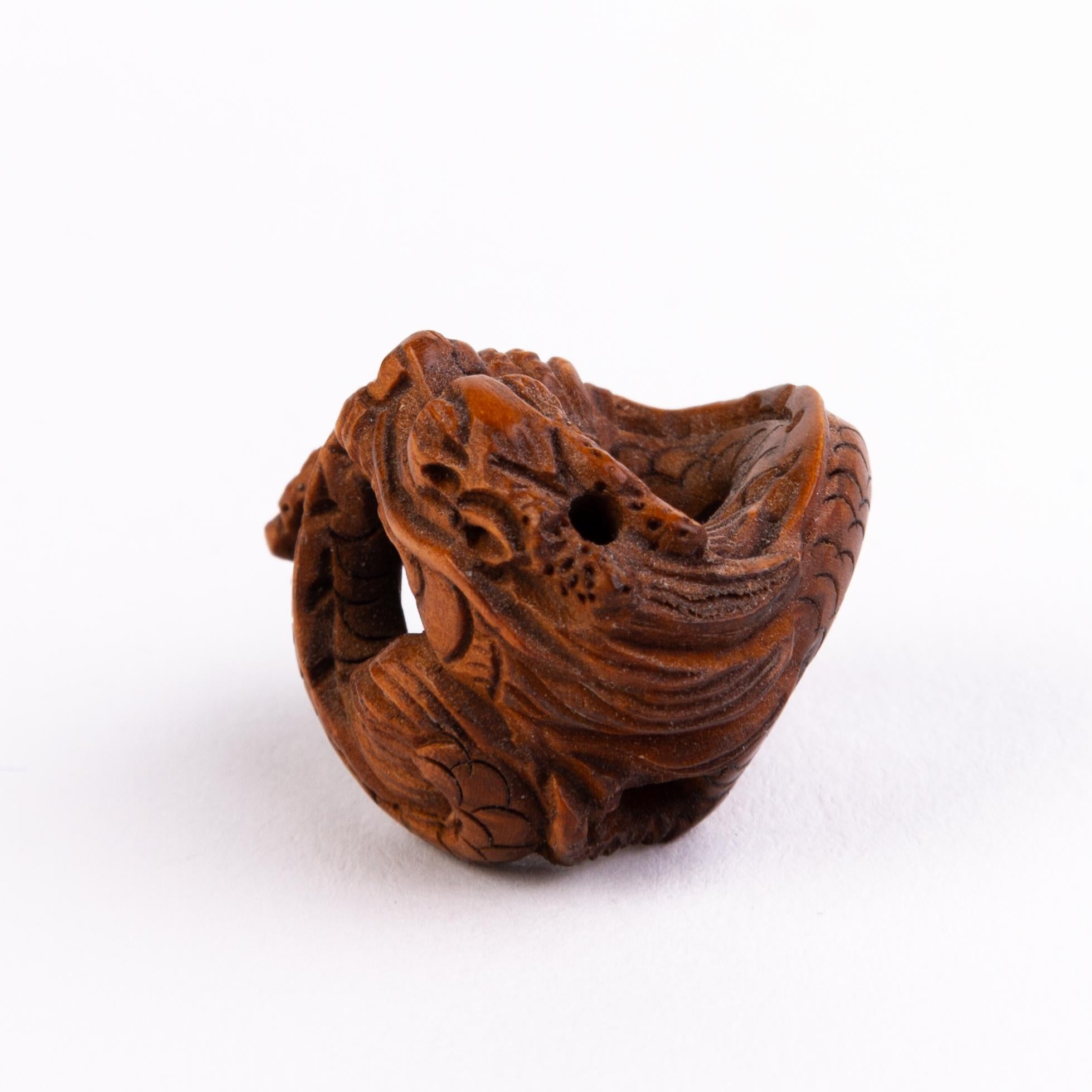 Signed Japanese Carved Wood Netsuke Inro Dragon For Sale at 1stDibs