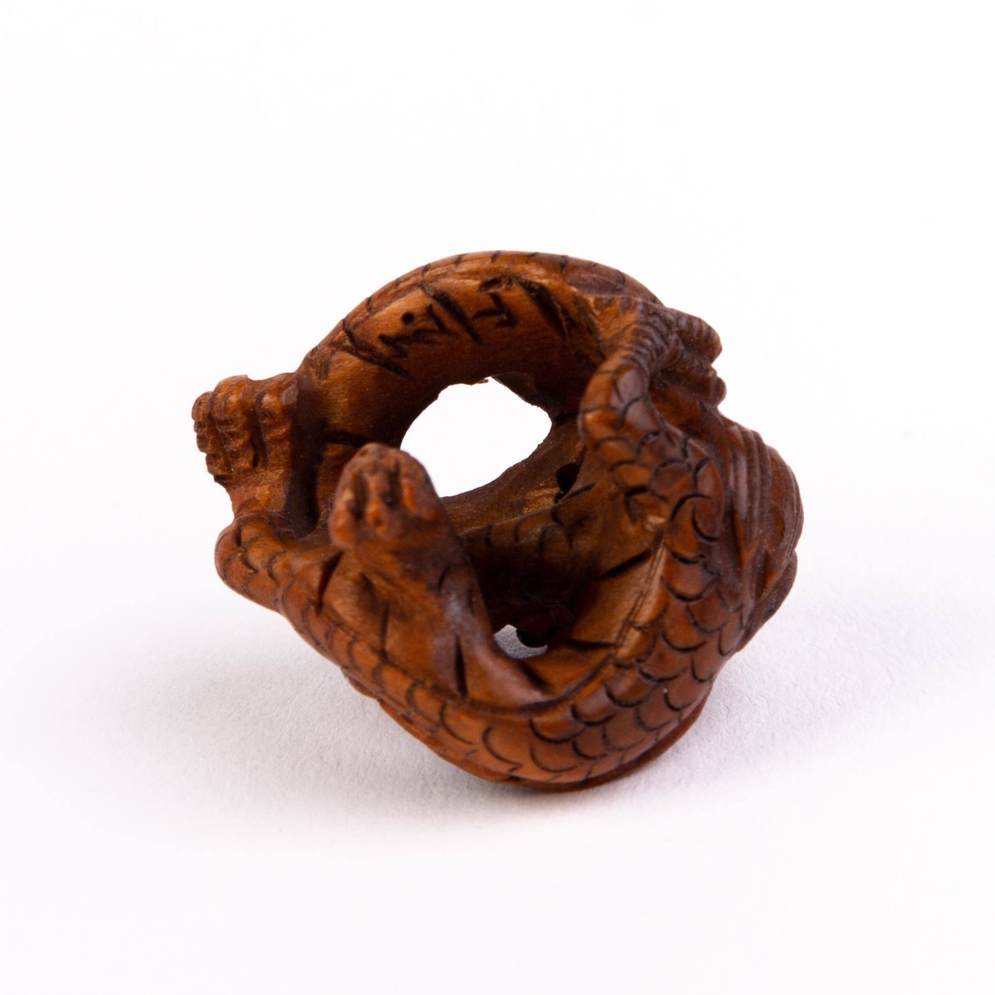 Signed Japanese Carved Wood Netsuke Inro Dragon For Sale at 1stDibs