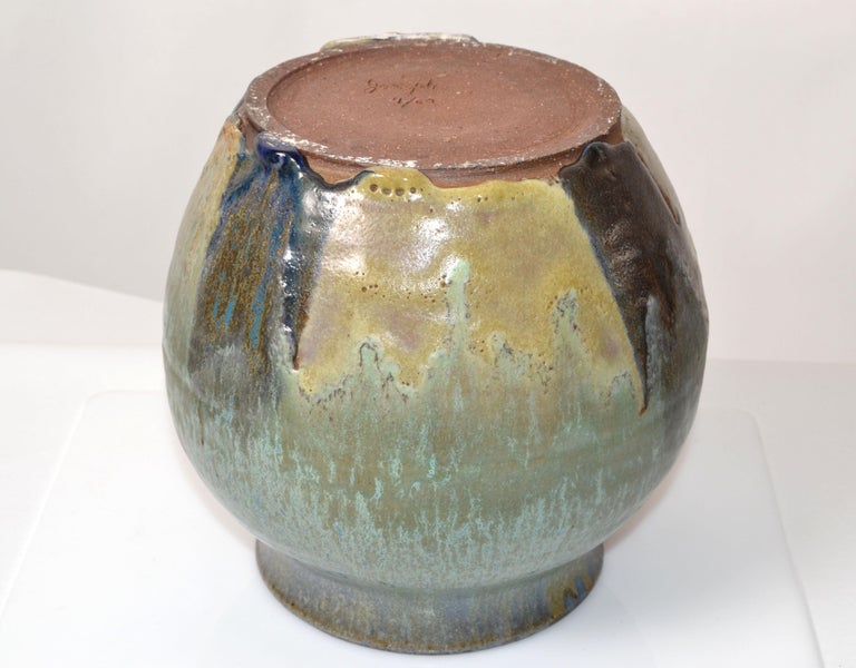 Signed Joseph Pottery Mint Green, Blue and Brown Ceramic Bowl Vase ...