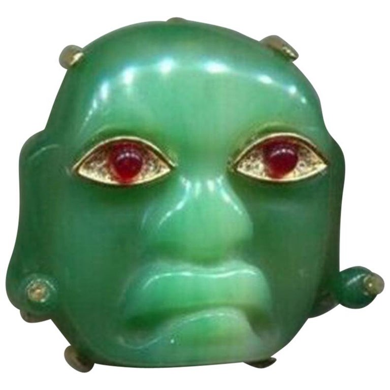 Kenneth Jay Lane Faux Green Jade Mask Brooch Pin Pendant Signed KJL ...