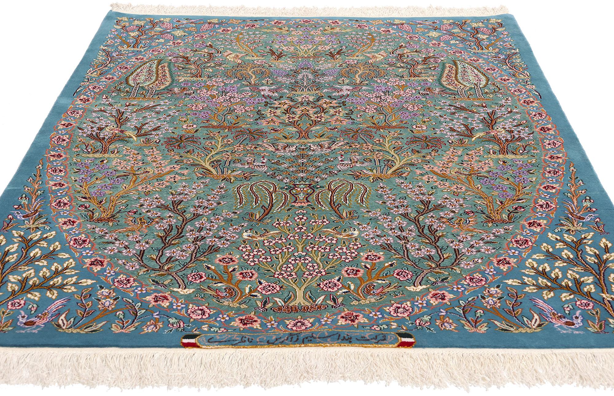 Signed Kork and Silk Blue Persian Tree of Life Tabriz Carpet For Sale ...