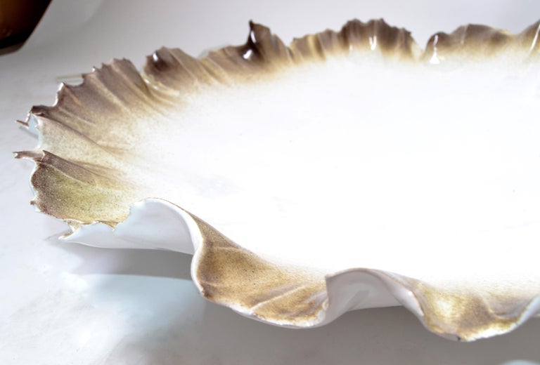 Signed Large Glazed Ceramic Seashell Bowl Centerpiece in White and Sand ...